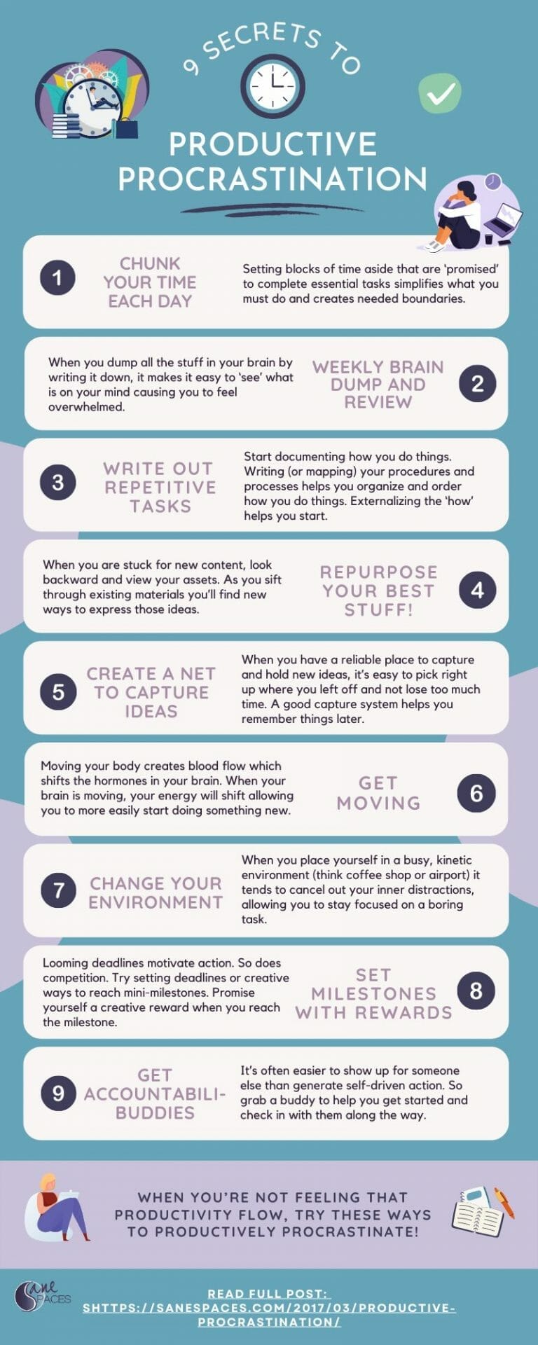 9 Secrets To Productive Procrastination Infographic - Sane Spaces